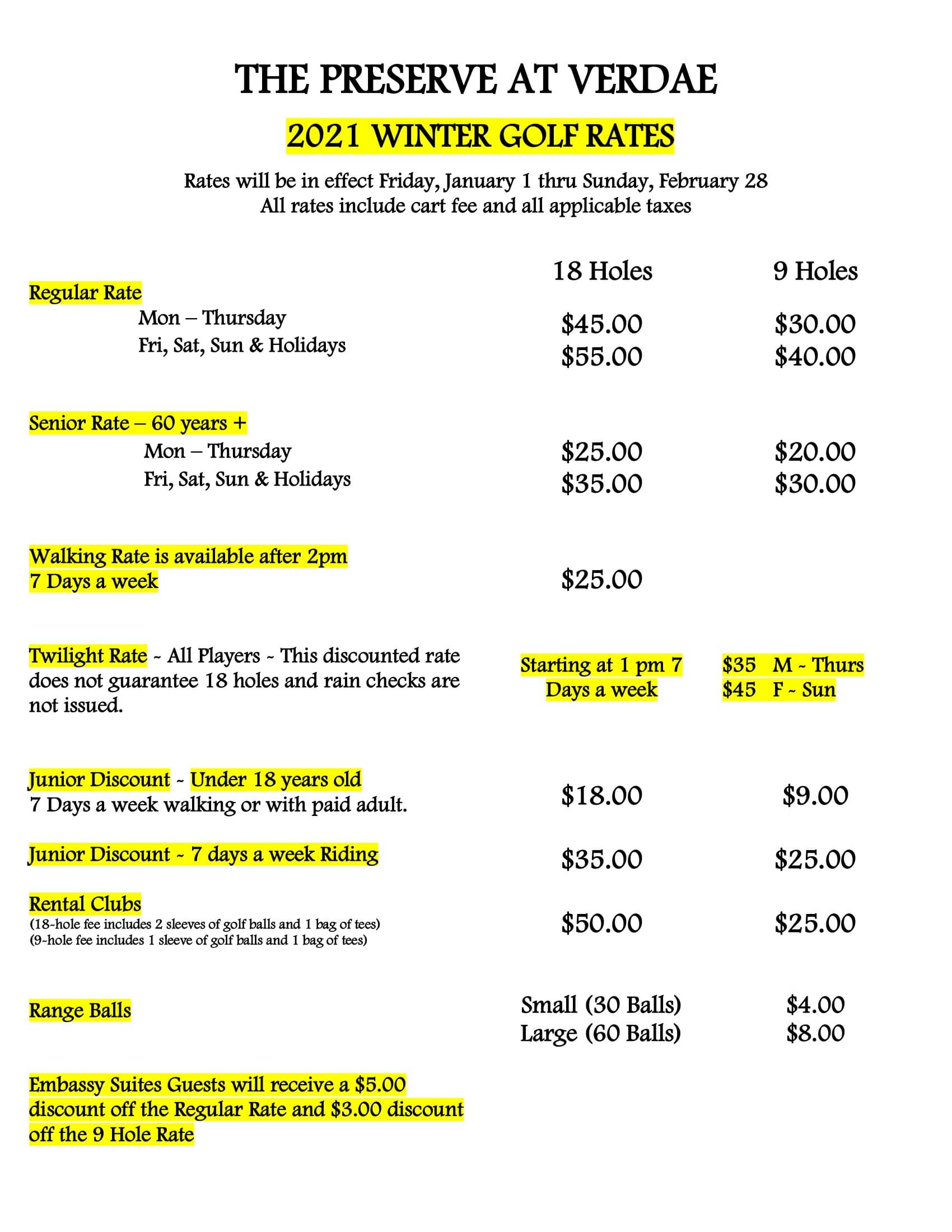 Current Winter Rates - The Preserve at Verdae